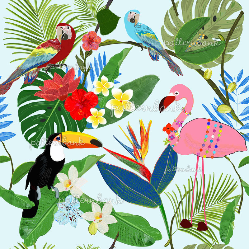 Toucan, Parrot, Flamingo and Tropical Flowers by Gülşen Günel Seamless ...